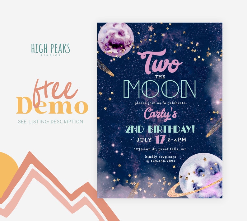 Two the Moon Invitation Girl Space Birthday Invitation - Etsy