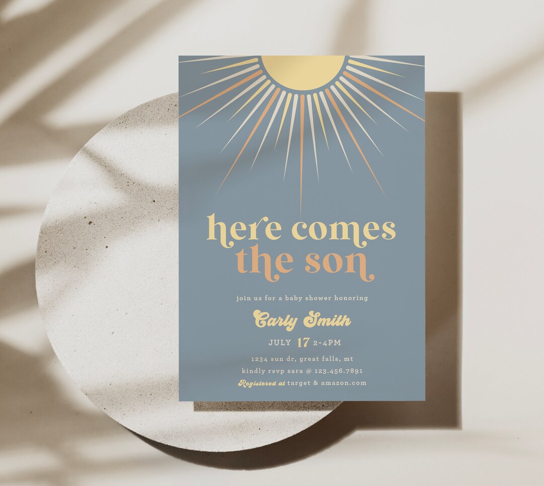 Here Comes the Son Baby Shower Invitation Printable Template Boy, Boho Sun Invite, Bohemian ...