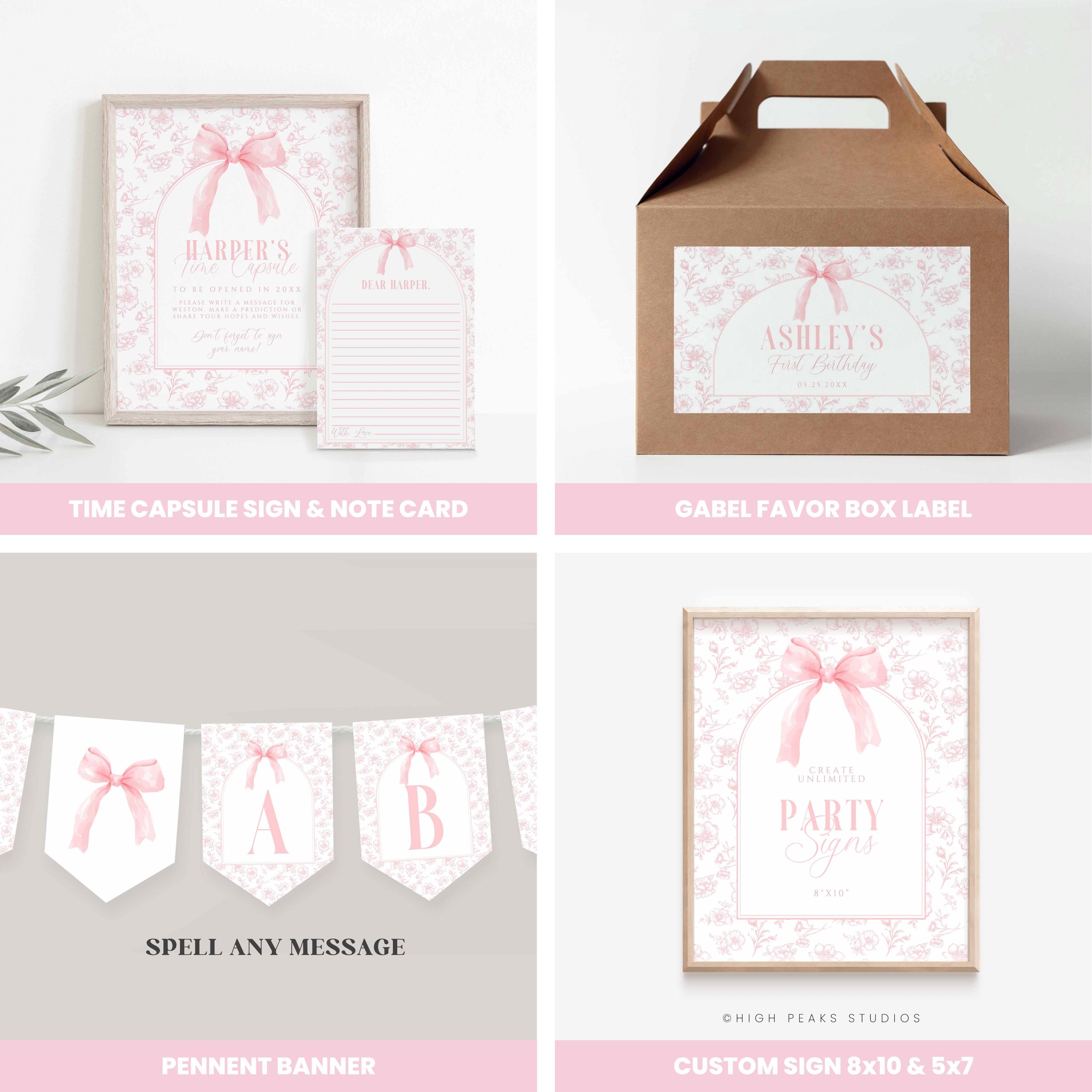 Vintage Pink Bow Birthday Bundle Printable Kit, Floral Toile Girl ...