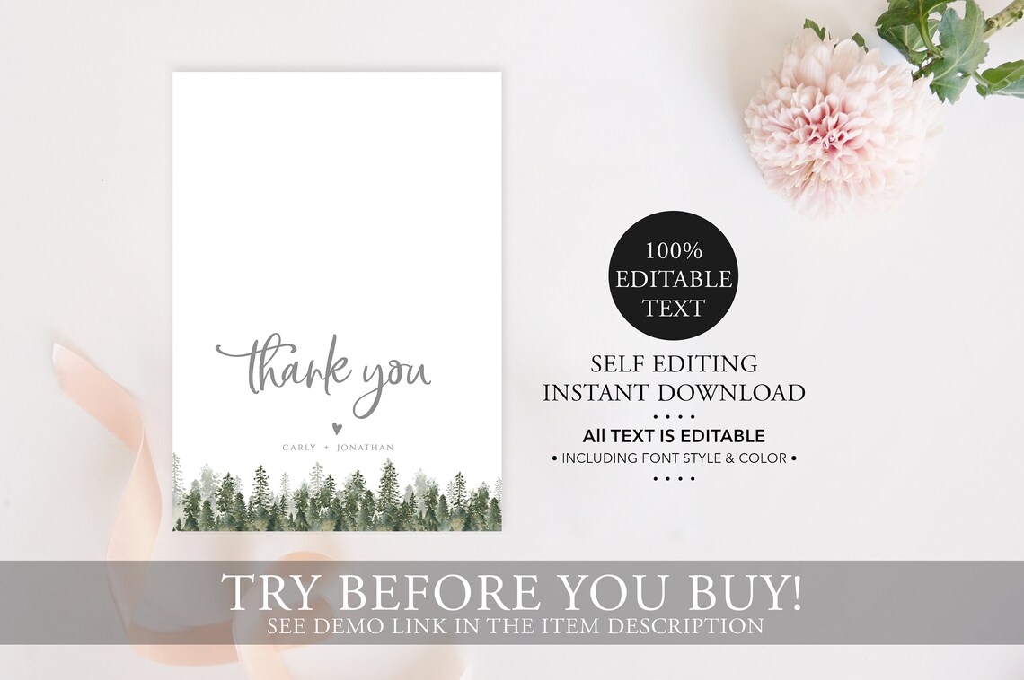 EDITABLE Pine Tree Thank You Card Template Printable Folded | Etsy
