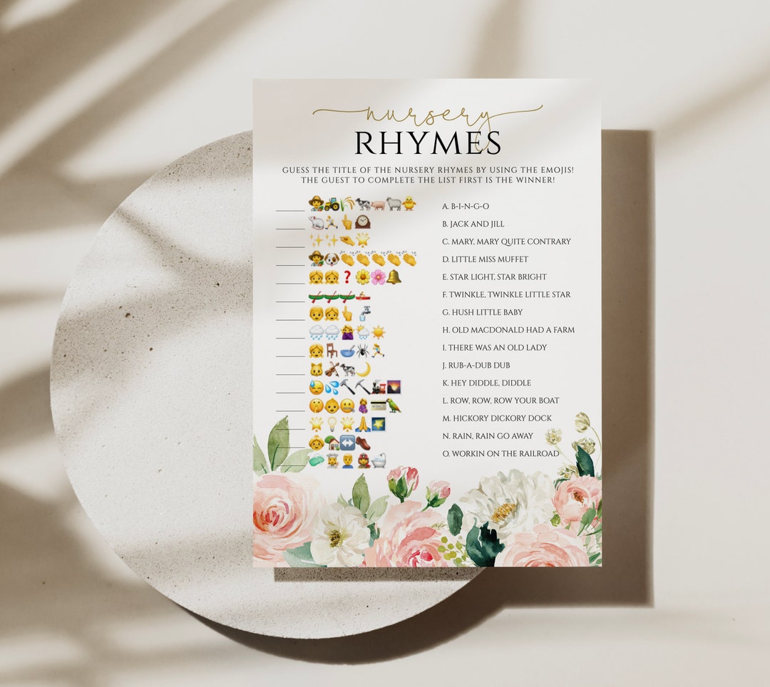 Nursery Rhymes Baby Shower Game Card, Pink Flower Baby Shower Activity ...