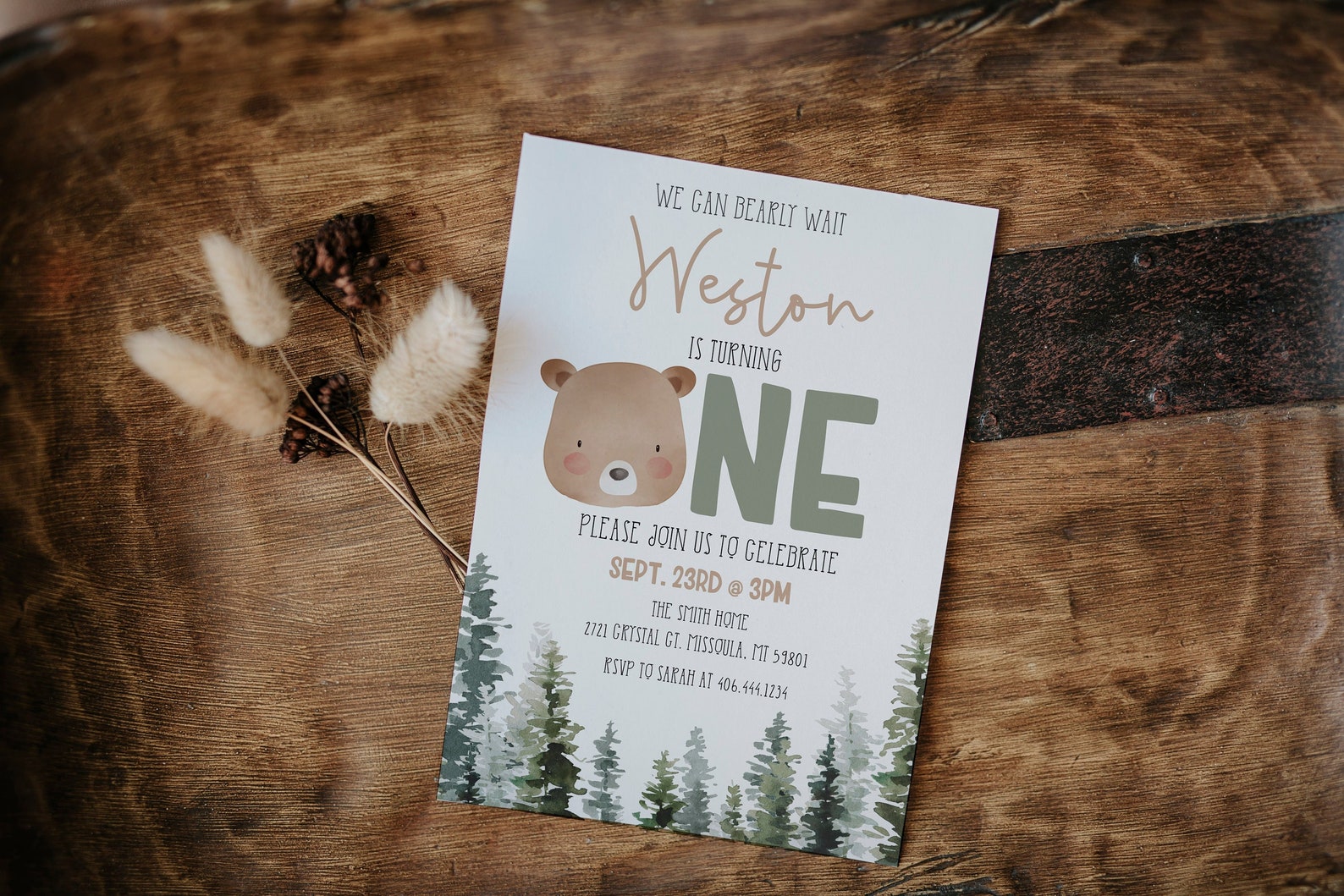 Editable Bear First Birthday Invitation, Woodland Theme (digital ...