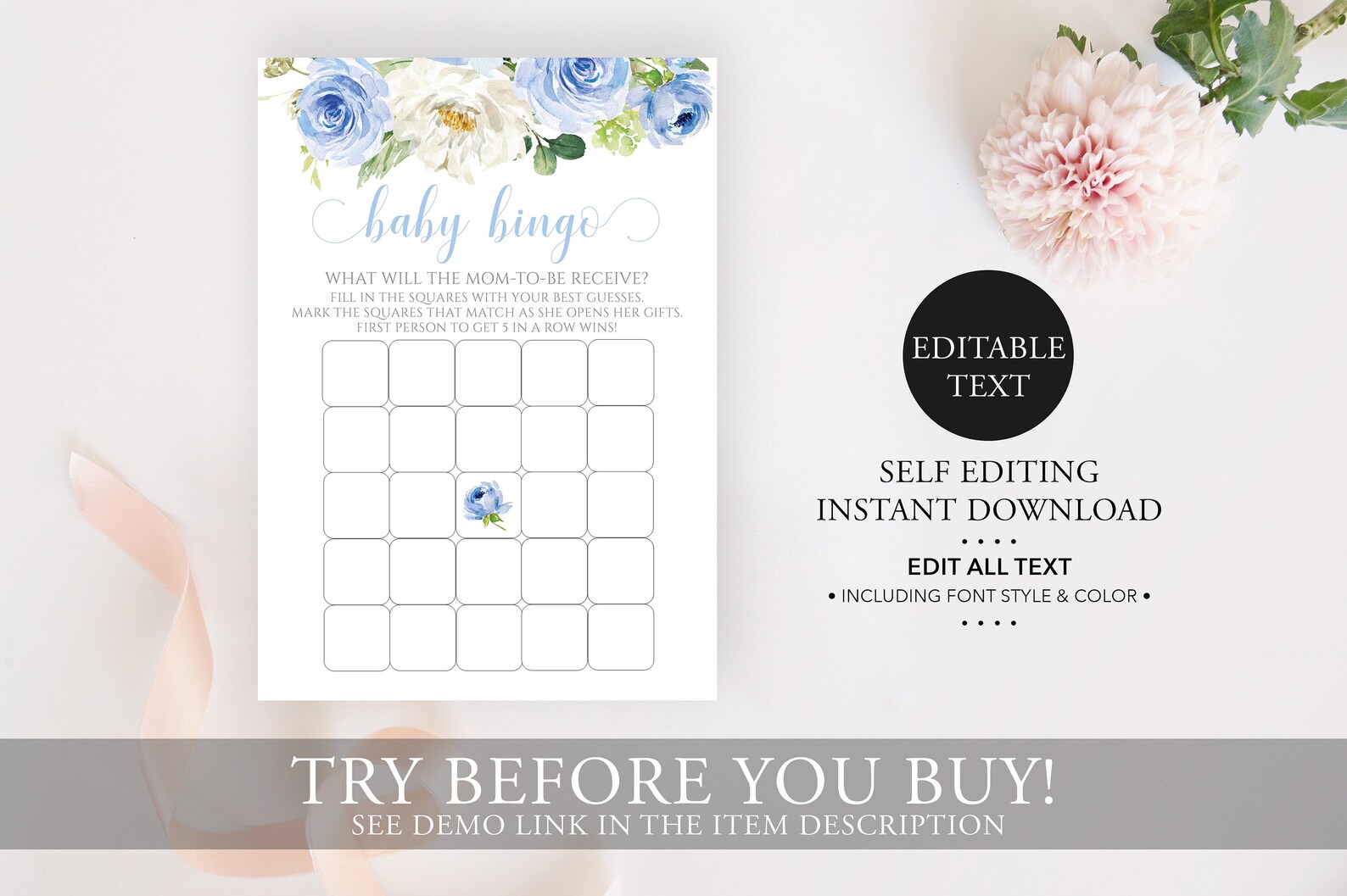 Baby Bingo Game Card Printable, Dusty Blue Floral Baby Shower, Baby ...