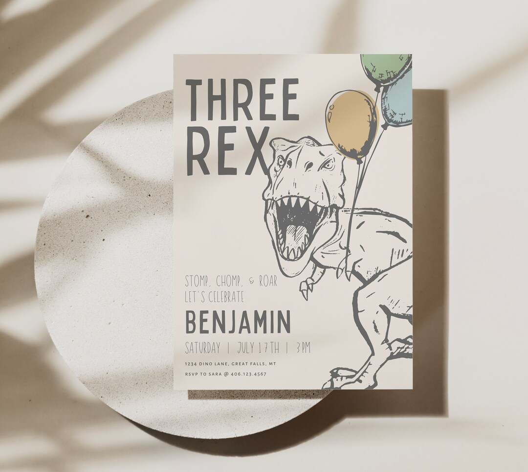 Modern Three Rex Birthday Invitation Printable Template, T-rex ...