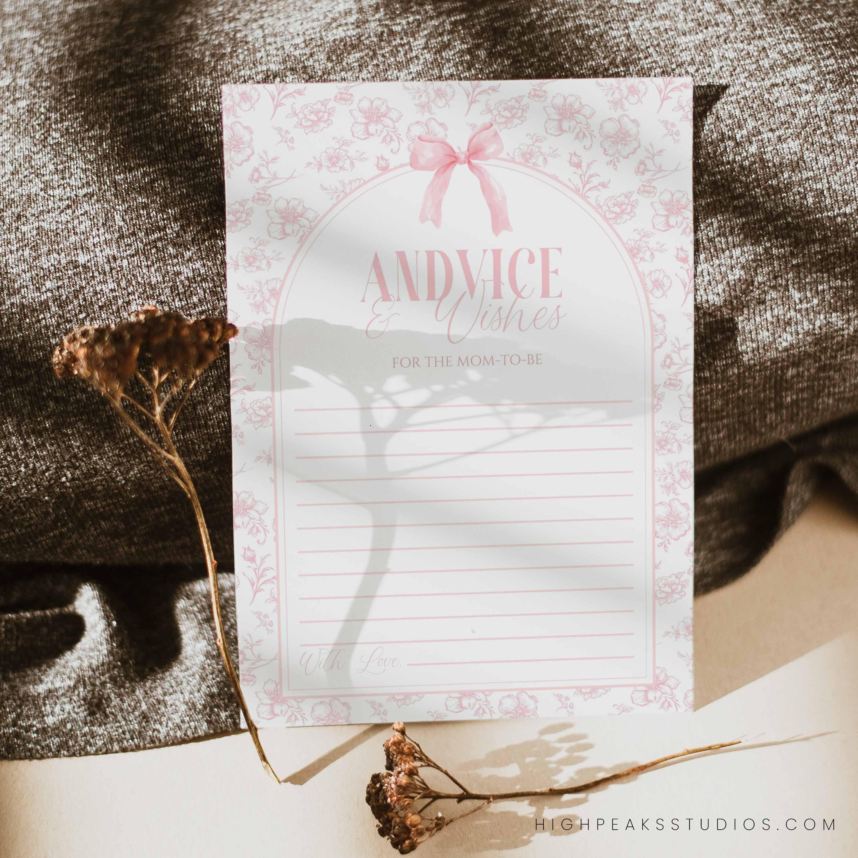 Editable Advice and Wishes Sign and Note Card, Pink Bow Floral Toile ...