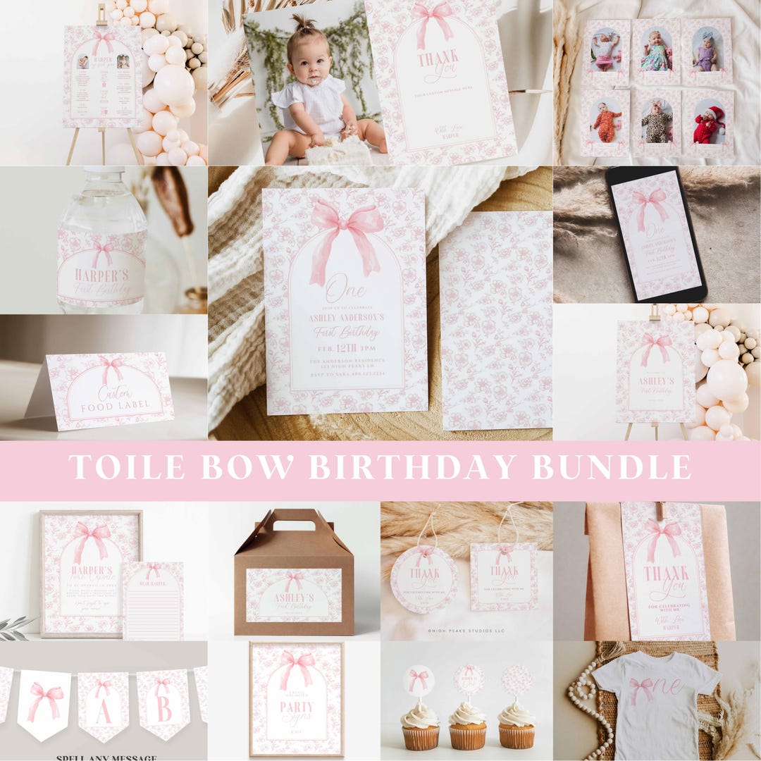 Vintage Pink Bow Birthday Bundle Printable Kit, Floral Toile Girl ...