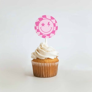 Hot Pink Smiley Birthday Cupcake Topper Printables, Editable Girl ...