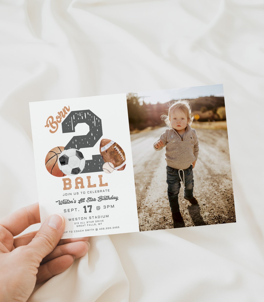 Second Birthday Invitation Printable Boy, Born Two Ball Sport Birthday ...