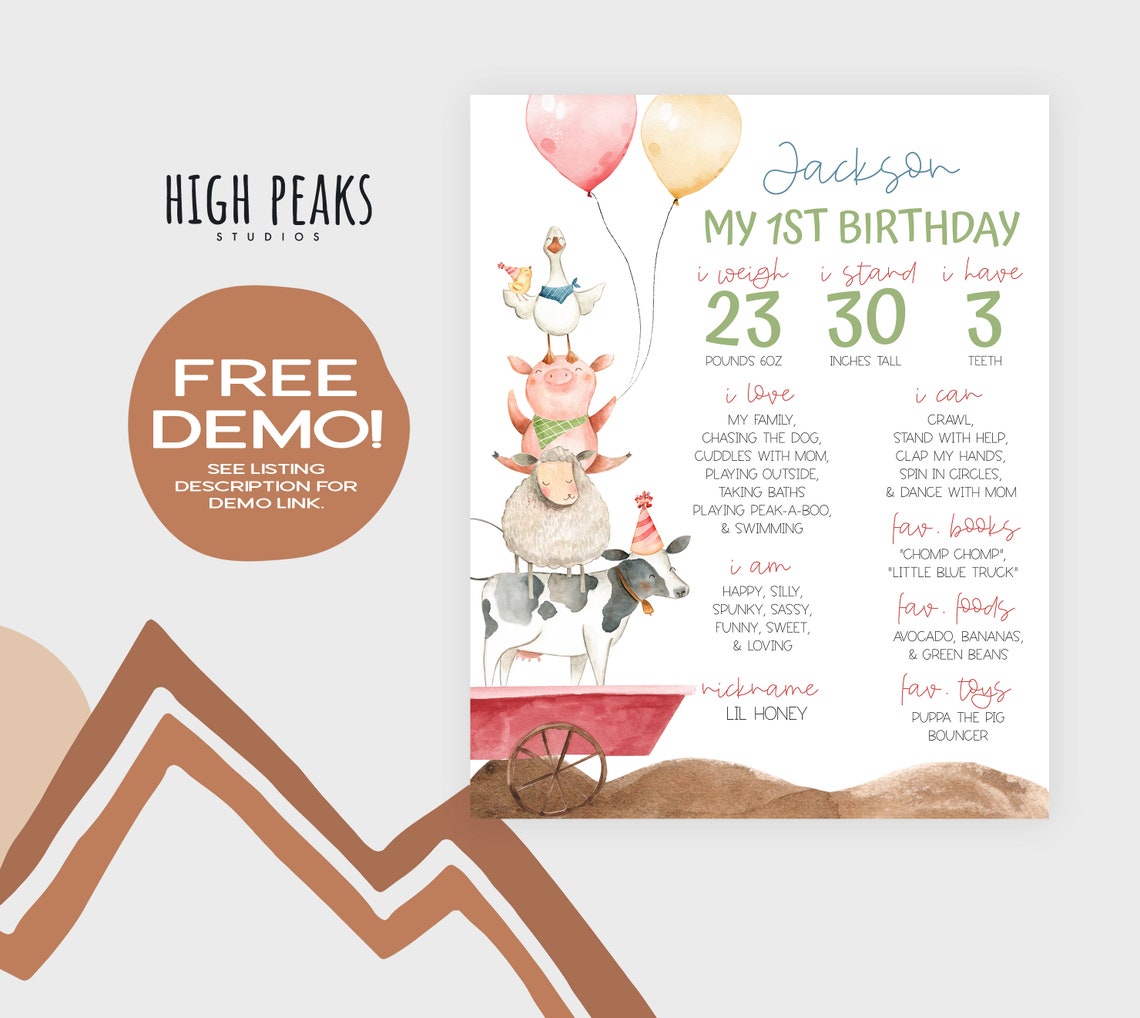 Farm First Birthday Milestone Poster Editable Barnyard Farm - Etsy