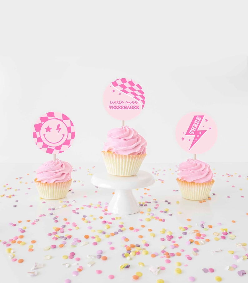 Hot Pink Smiley Birthday Cupcake Topper Printables, Editable Girl ...