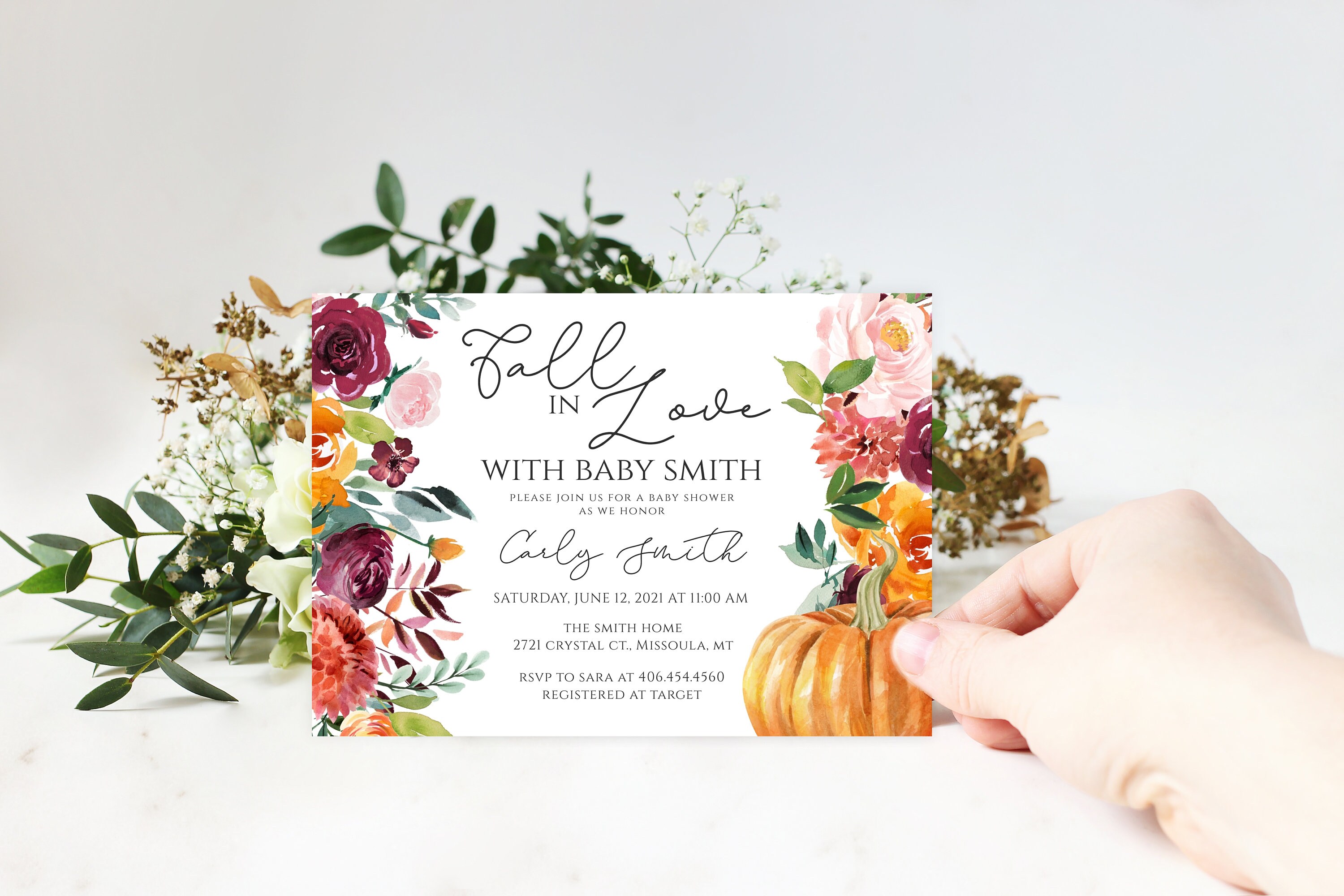 Fall Baby Shower Invitation: Coral Florals, Pumpkin (editable, Instant ...