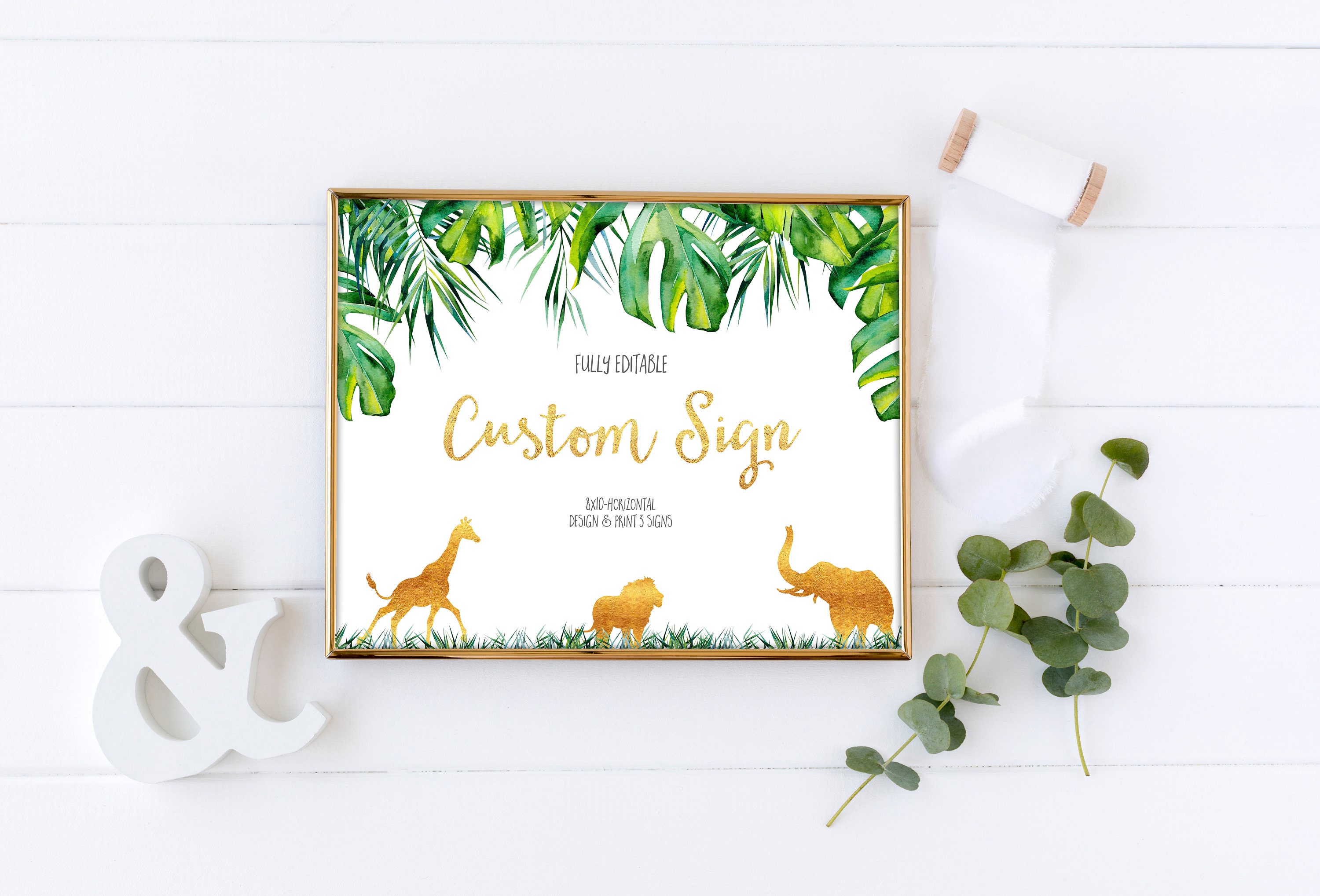 8x10 Custom Safari Sign Template, Editable Jungle Sign, Gold Animals ...