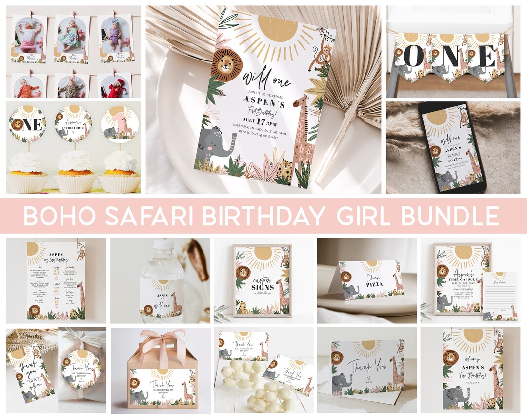 Boho Safari Birthday Invitation Bundle, Boho Jungle Animal Party ...