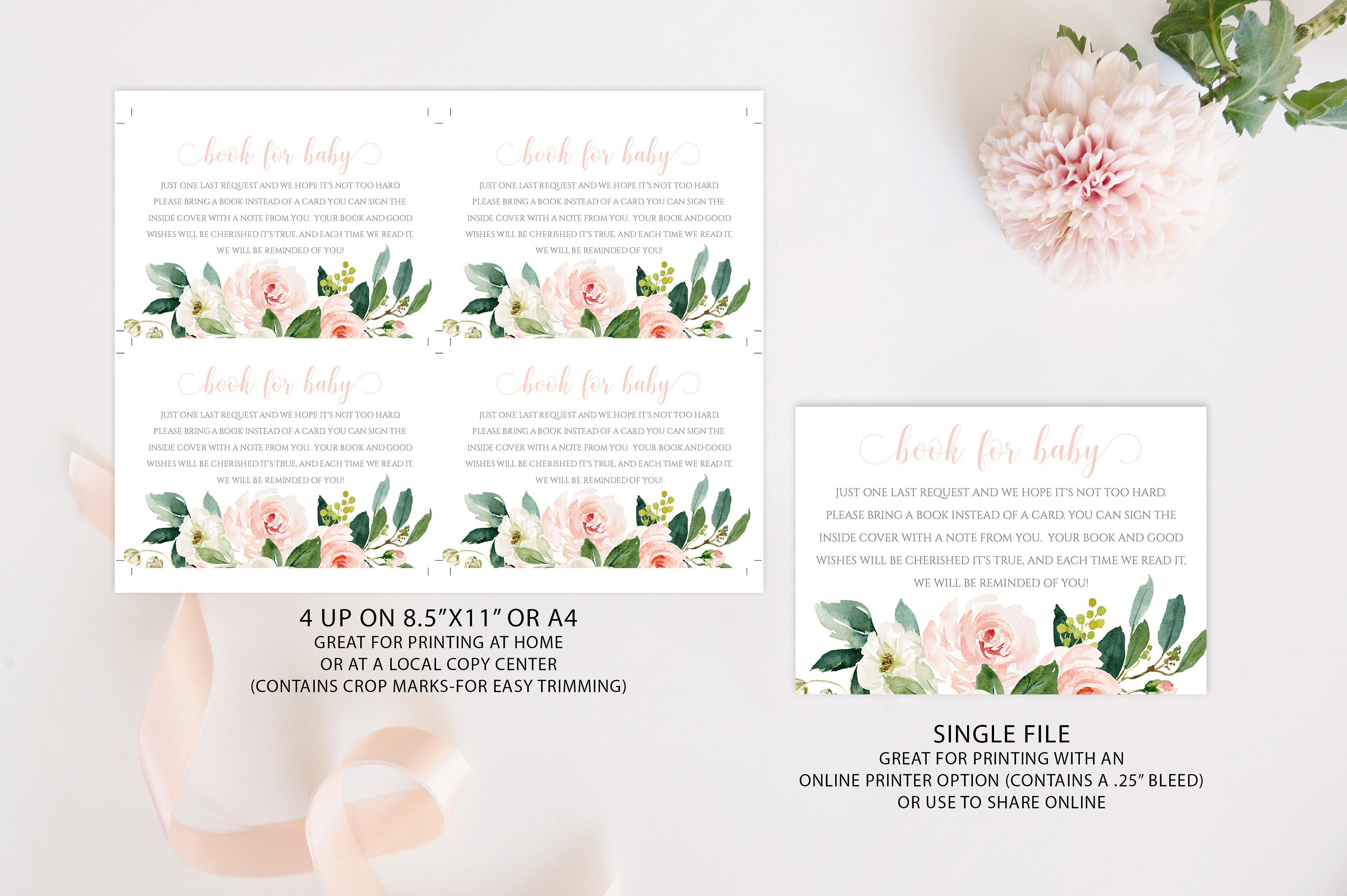 Floral Book For Baby Card Insert Template Editable Instant | Etsy