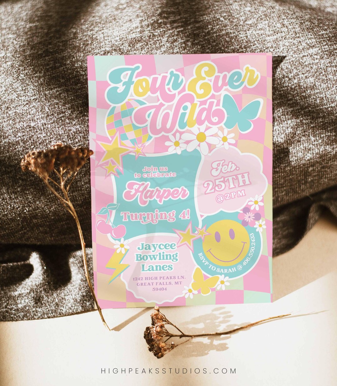 Editable Four Ever Wild Preppy Birthday Party Invitation, Y2K Retro ...