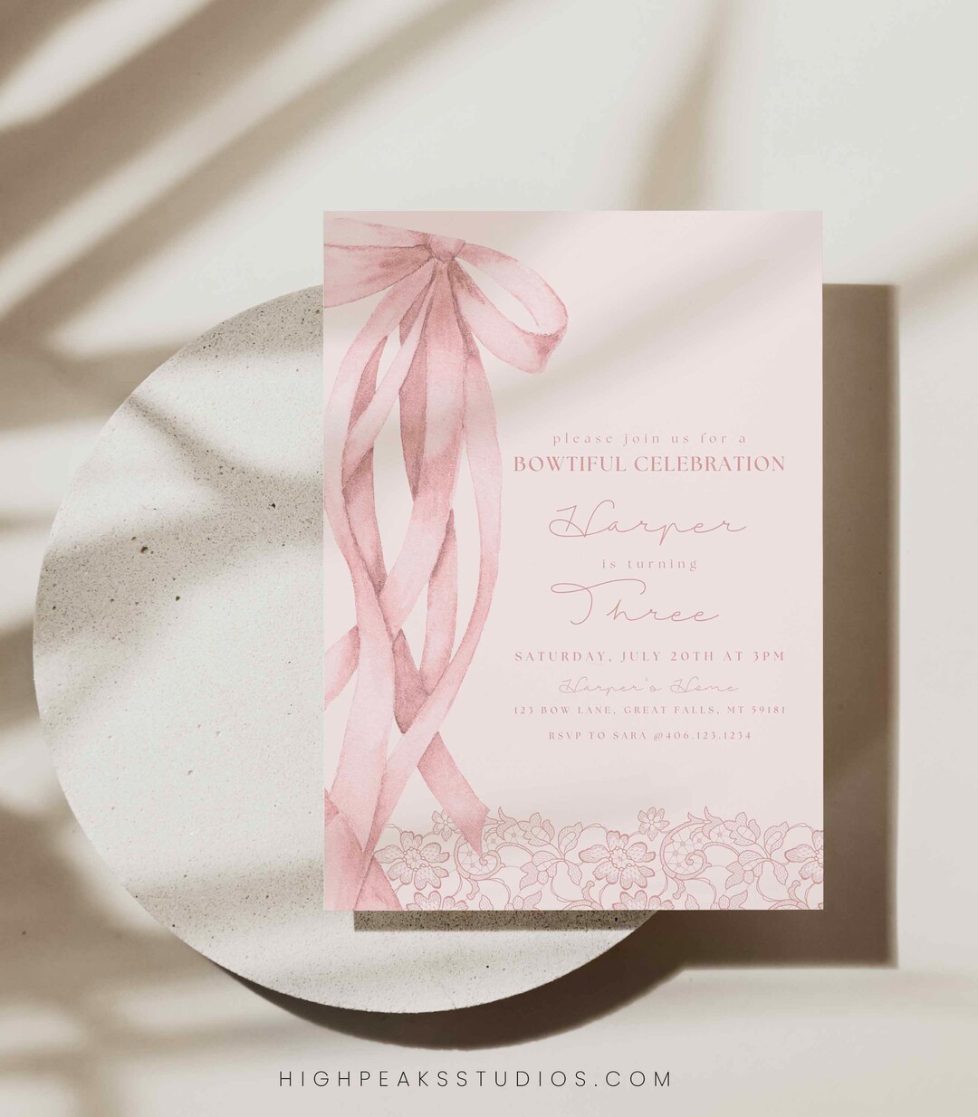 Editable Pink Bow Invitation Birthday, Girl Birthday Minimalist Pink ...