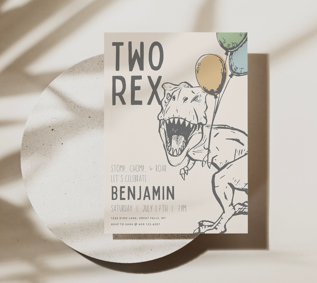 TWO Rex Birthday Invitation Printable Template, Tyrannosaurus Invite, T-rex Prehistoric Dinosaur ...