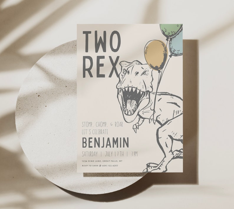 TWO Rex Birthday Invitation Printable Template Tyrannosaurus - Etsy