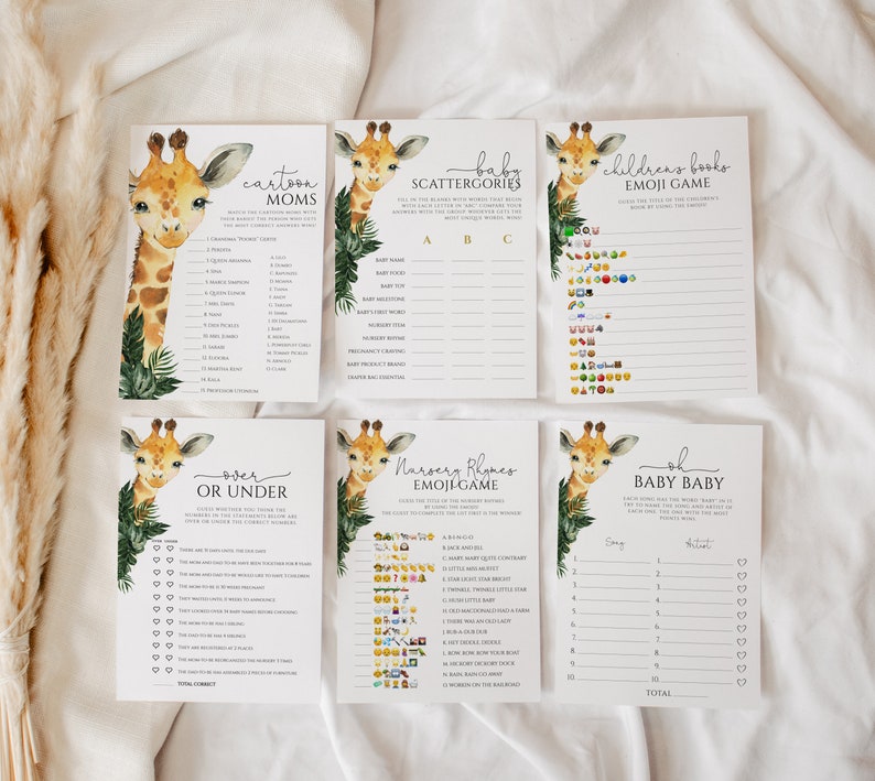 Giraffe Safari Baby Shower Games Bundle, Printable Cards (editable Text ...