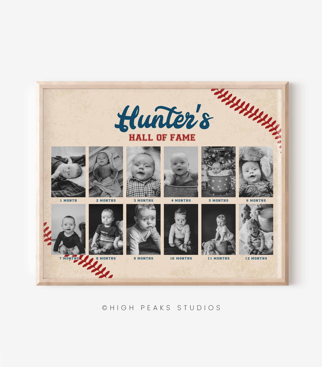 Baseball Monthly Photo Collage Poster Template, My First Birthday Photo ...