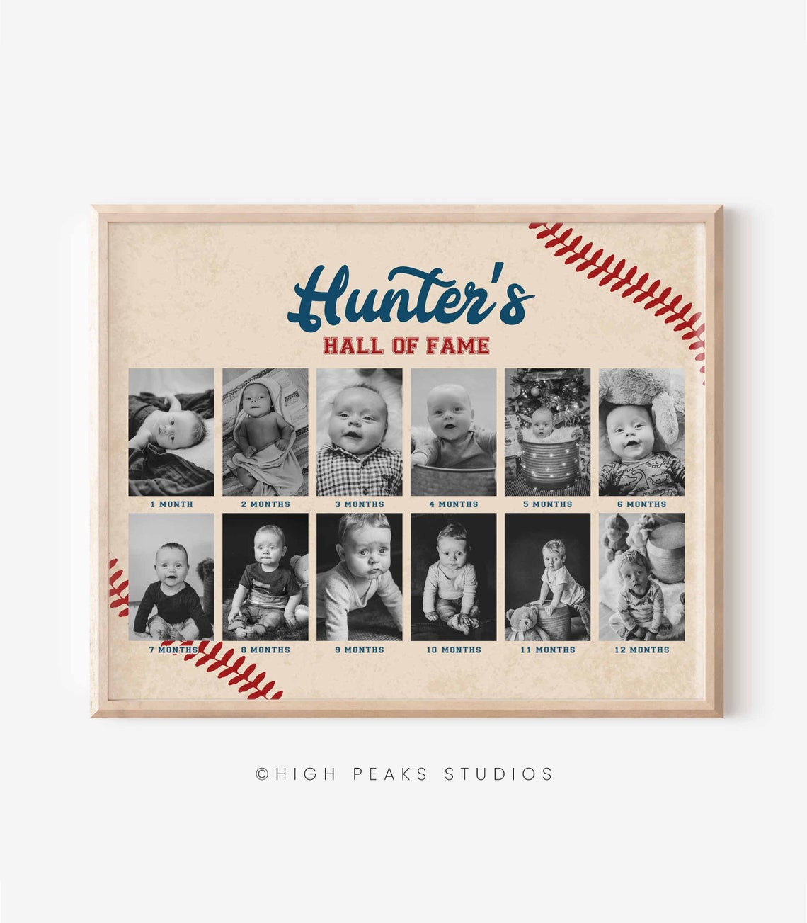 Baseball Monthly Photo Collage Poster Template, My First Birthday Photo ...