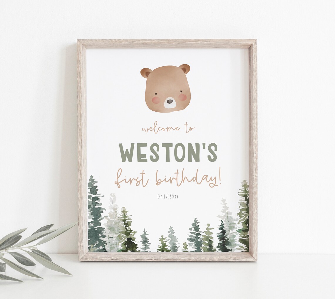 Bear Birthday Welcome Sign Beary First Birthday Welcome - Etsy