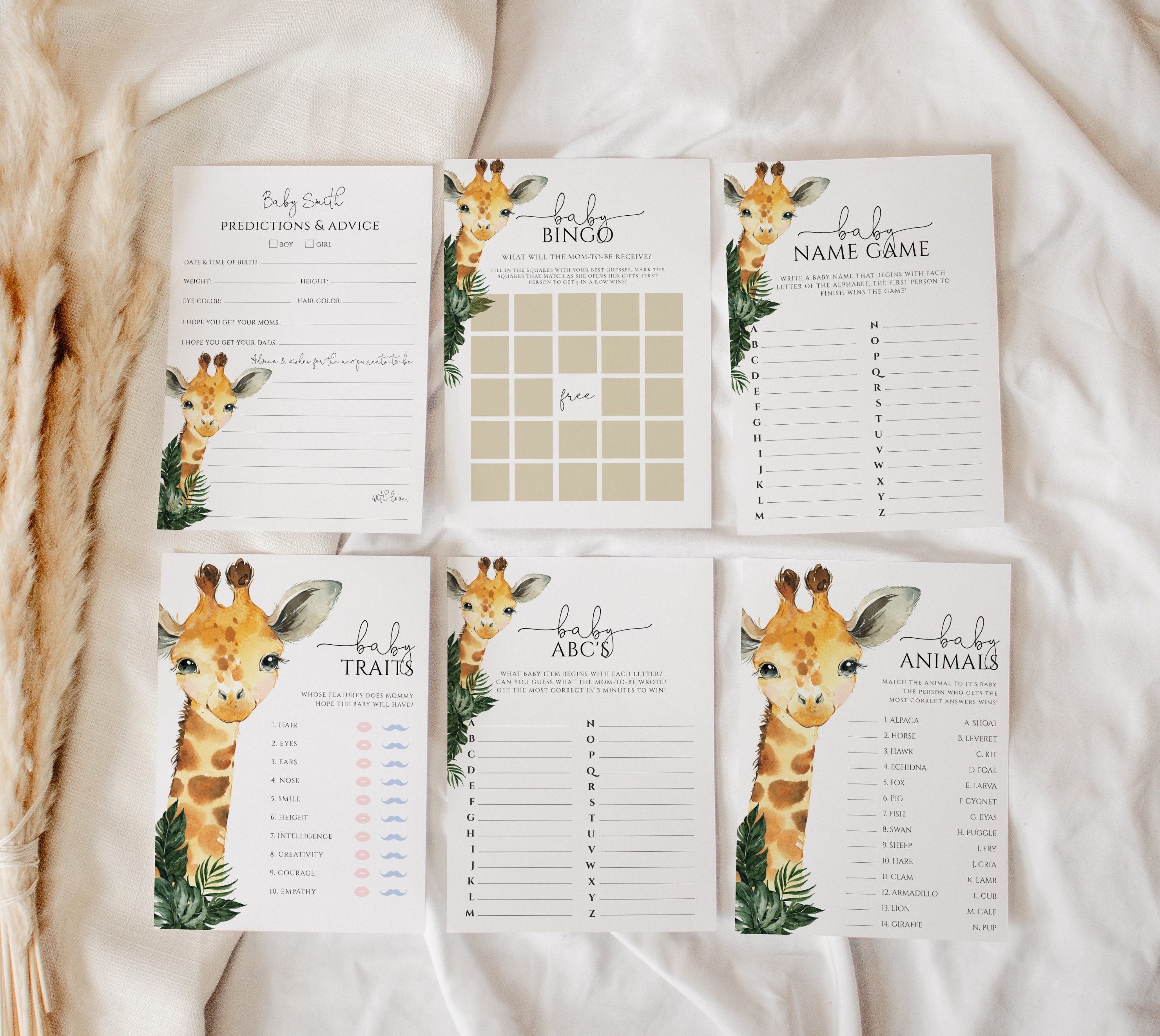 Giraffe Safari Baby Shower Games Bundle, Printable Cards (editable Text ...