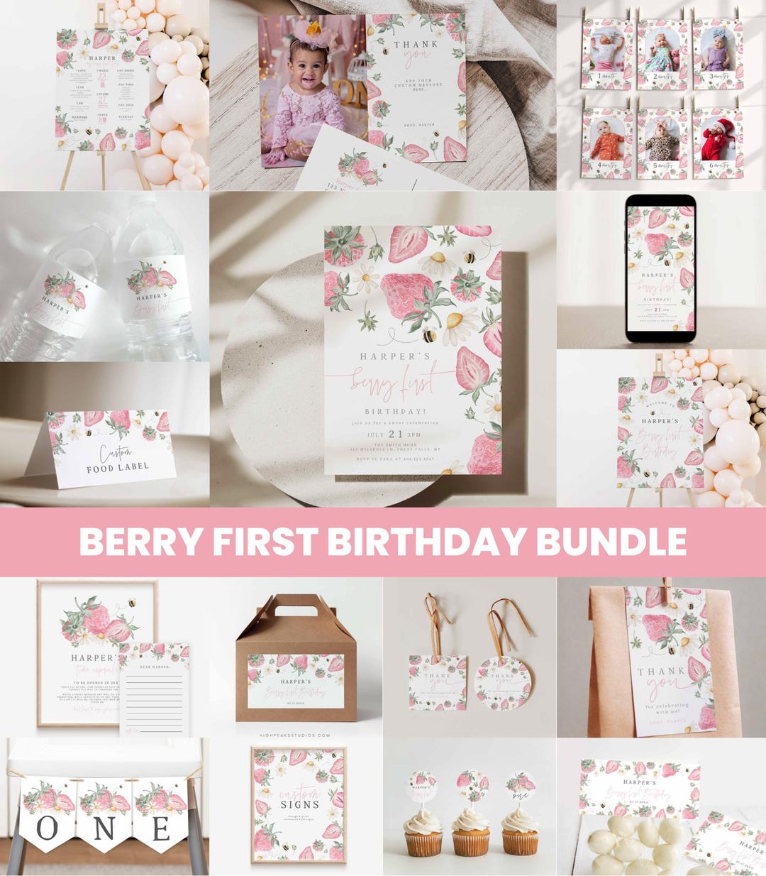 Strawberry Berry First Birthday Bundle Printable, Girl Birthday Decor ...