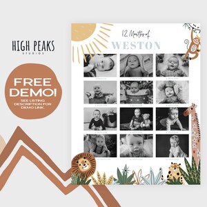 Boho Safari Monthly Photo Collage Poster Template, My First Birthday ...