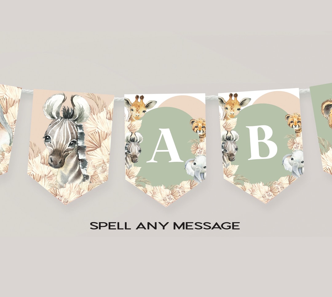 Editable Pennant Banner, Spell Any Message, Boho Safari Happy Birthday ...
