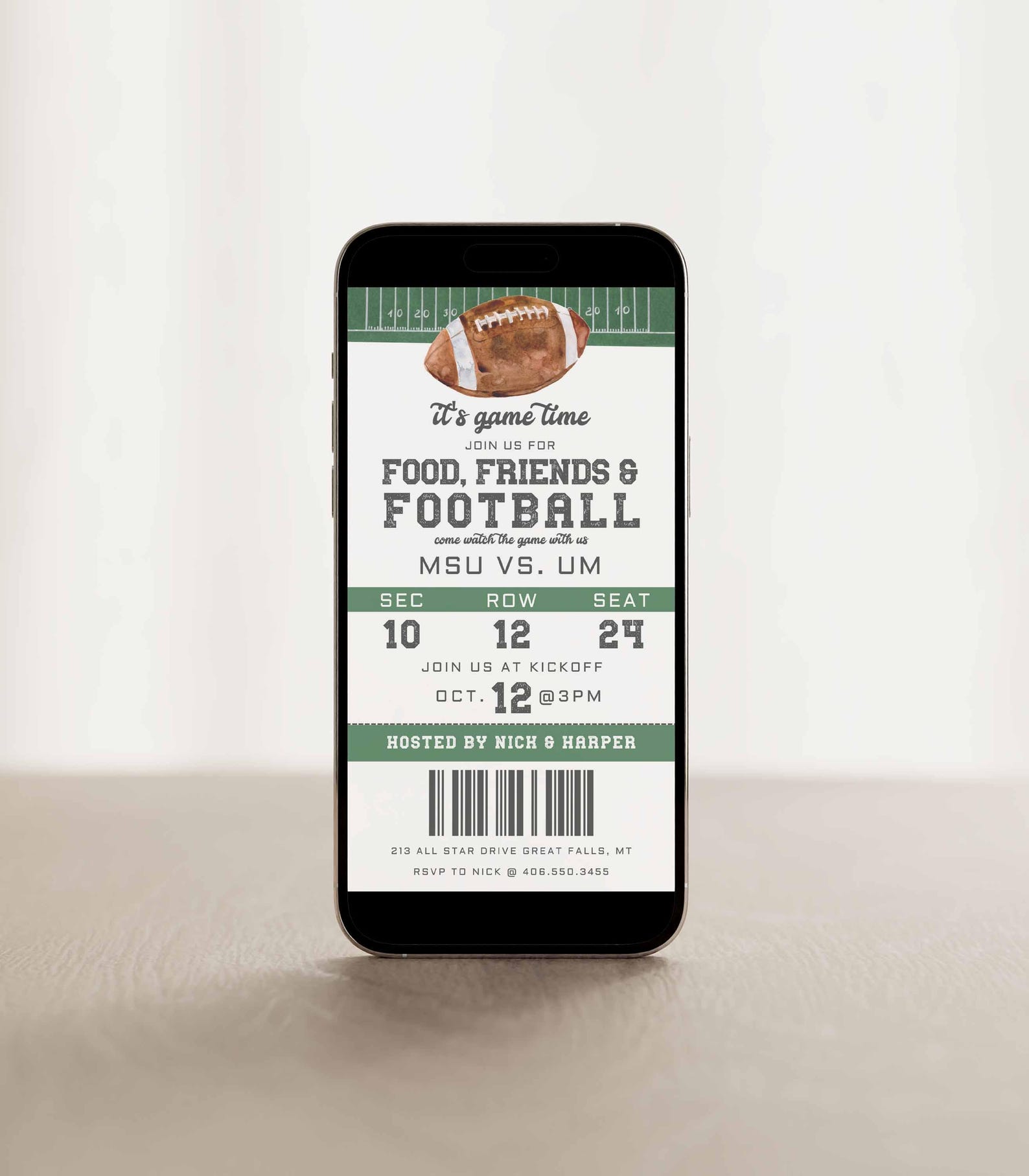 Football Watch Party Ticket Digital Invitation: Game Time Text Invite ...