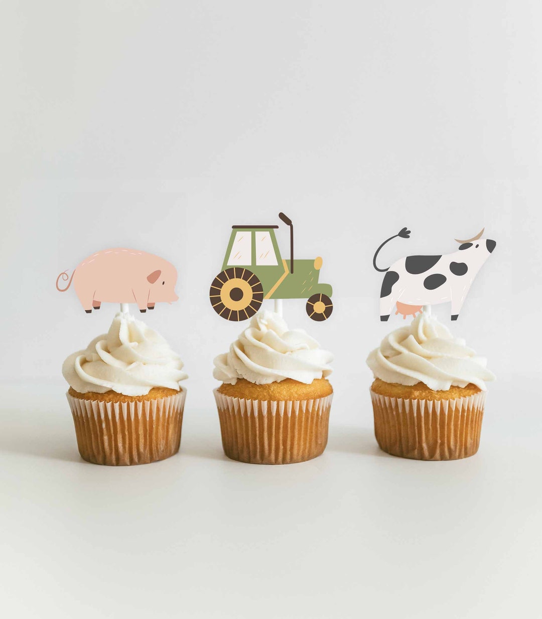 Modern Farm Birthday Cupcake Toppers, Editable Circle and Farm Animal ...