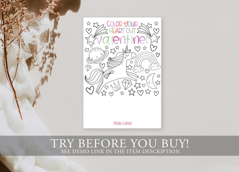 Unicorn Coloring Page Valentine, Crayon Coloring Card Valentine, Color ...