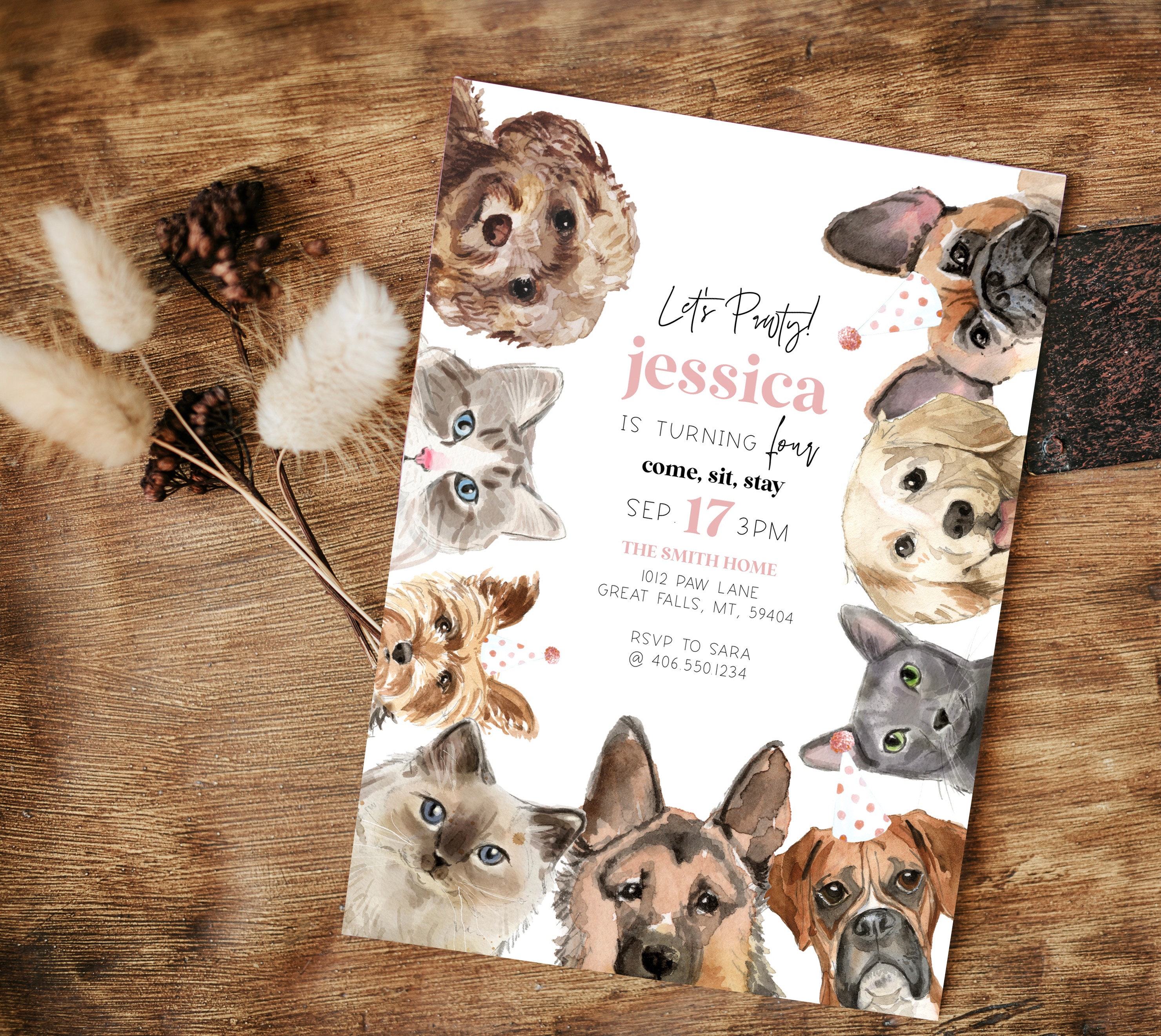 Editable Dog and Cat Birthday Invitation, Puppy & Kitten Pawty Invite ...