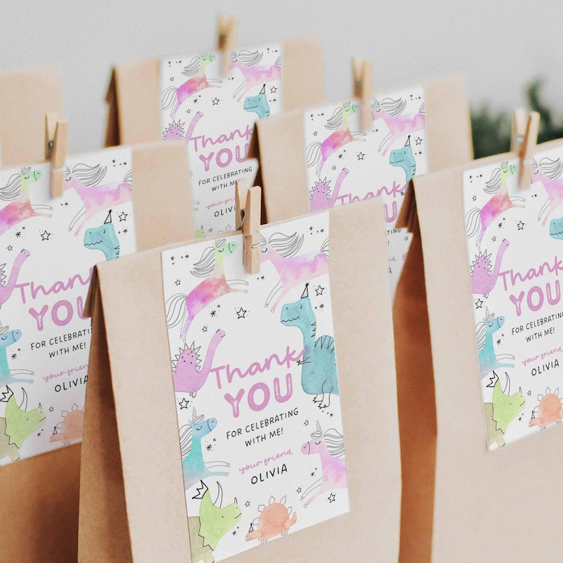Cute Dino and Unicorn Favor Tag Printables, Three Rex Birthday Girl ...