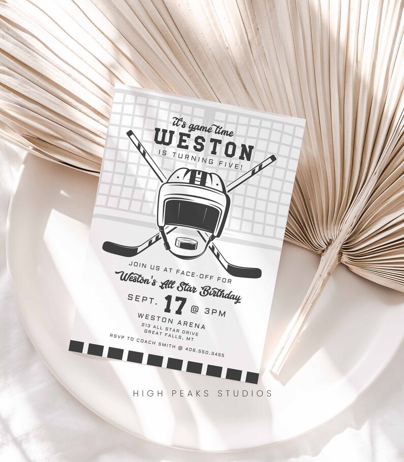 Modern Hockey Birthday Invitation Printable, Monochromatic Hockey ...