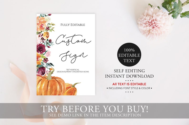5x7 Custom Sign Editable Fall Pumpkin Sign Fall Florals and | Etsy