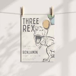 Modern Three Rex Birthday Invitation Printable Template, T-rex ...