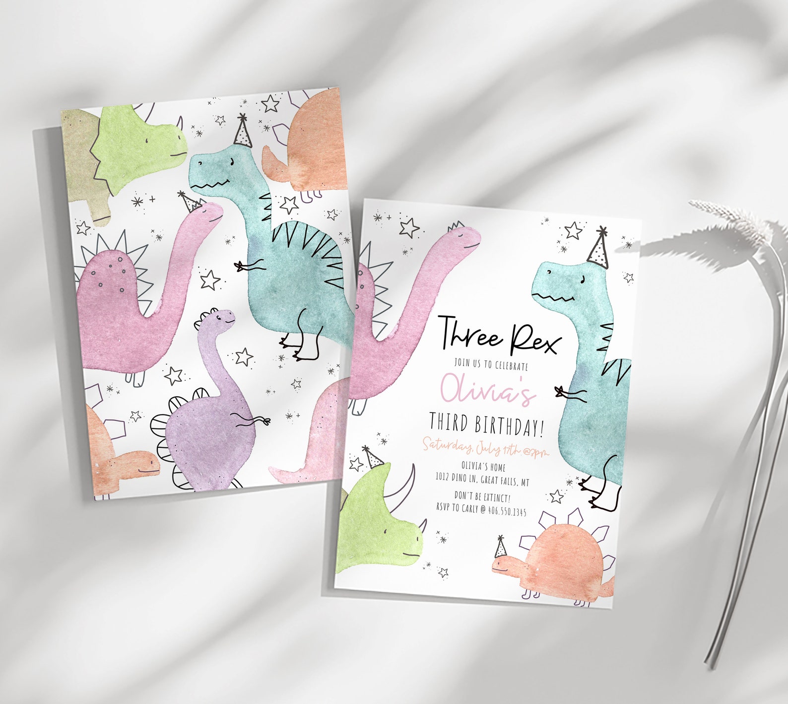 Three Rex Third Birthday Invitation Printable Girl, Colorful Dinosaur ...