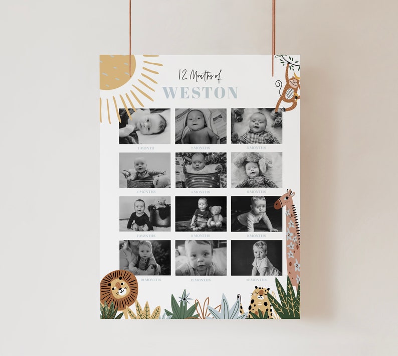 Boho Safari Monthly Photo Collage Poster Template My First - Etsy