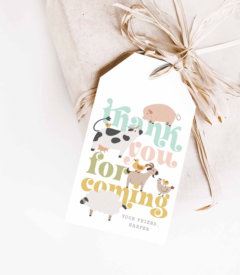 Modern Farm Birthday Favor Tags, Editable Farm Animal Gift Bag Sticker ...