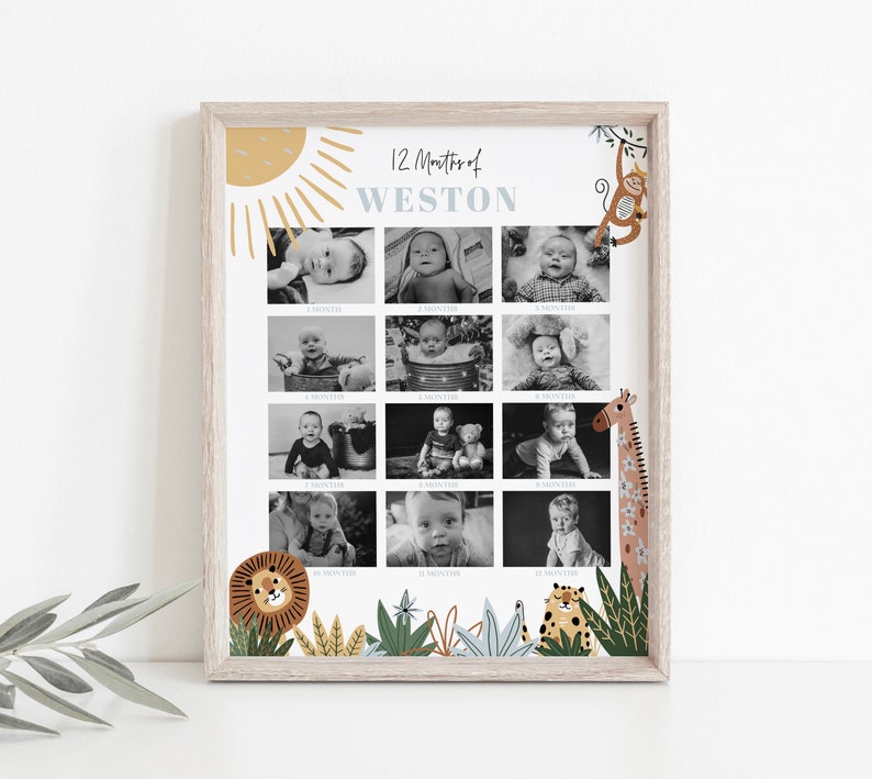 Boho Safari Monthly Photo Collage Poster Template My First - Etsy