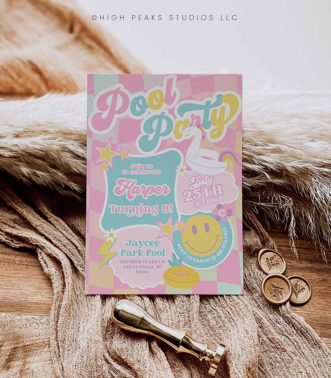Retro Pool Party Birthday Invitation Printable, Checkered Smiley Face ...