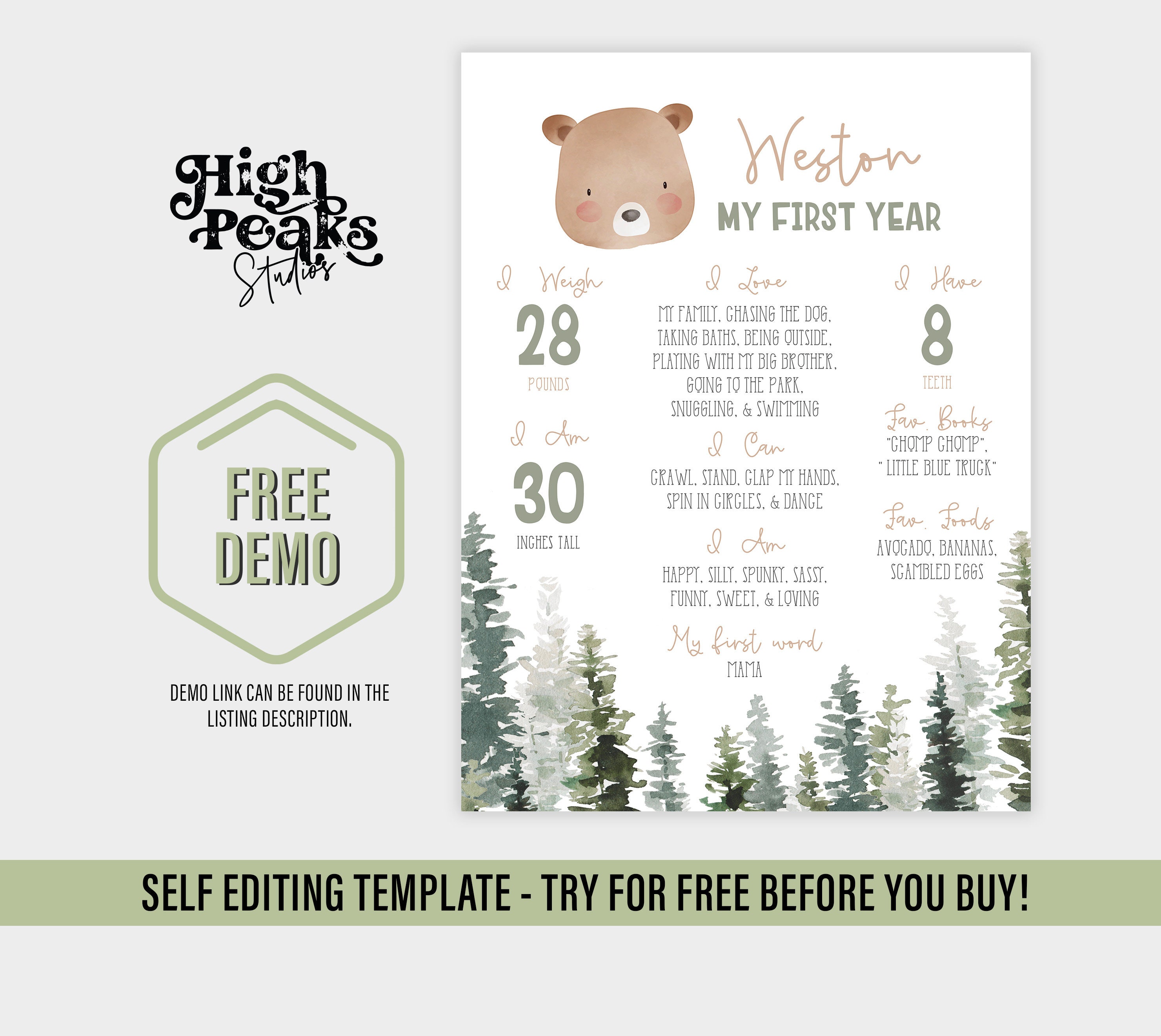 Birthday Milestone Poster Template Editable Pine Tree - Etsy