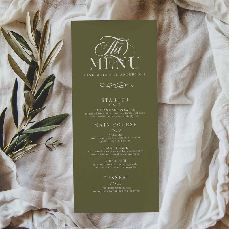 PRINTED & SHIPPED Old Money Wedding Menu Card, 4x9 Elegant Olive Green ...