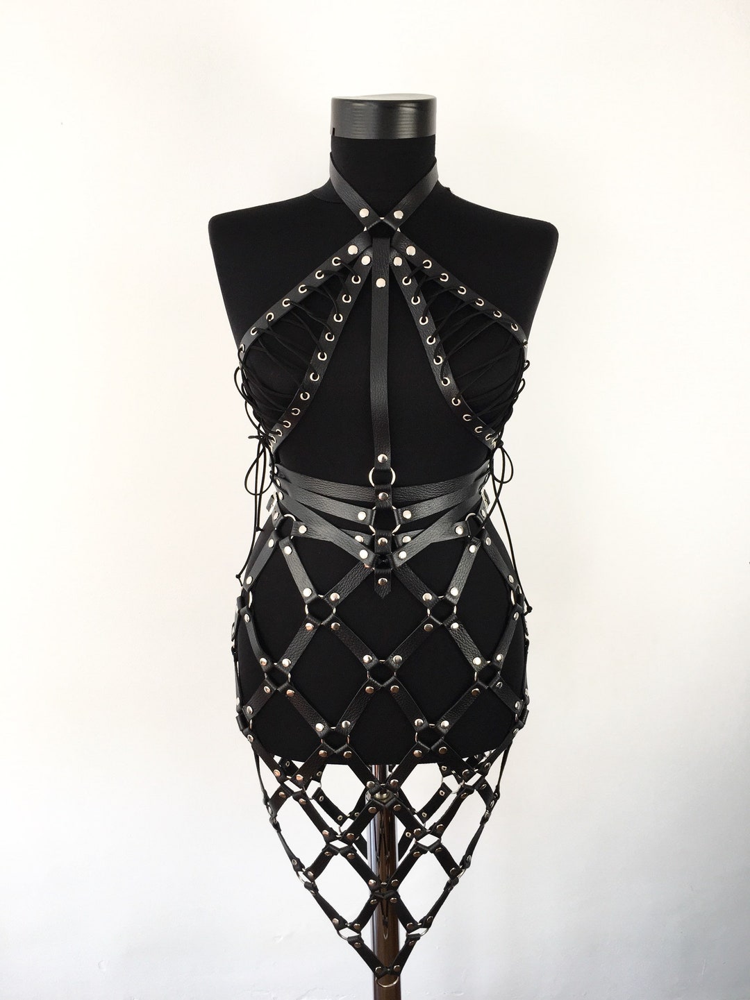 Edgy Black Leather Full Body Harness With Laced Upper And Unique Rhomboid Skirt Etsy Sweden