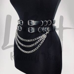 Edgy Black Leather Double Belt With Chains - Etsy