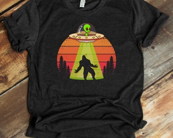 Unisex Retro Bigfoot and Alien Shirt With Vintage Vibe, Funny Sasquatch ...