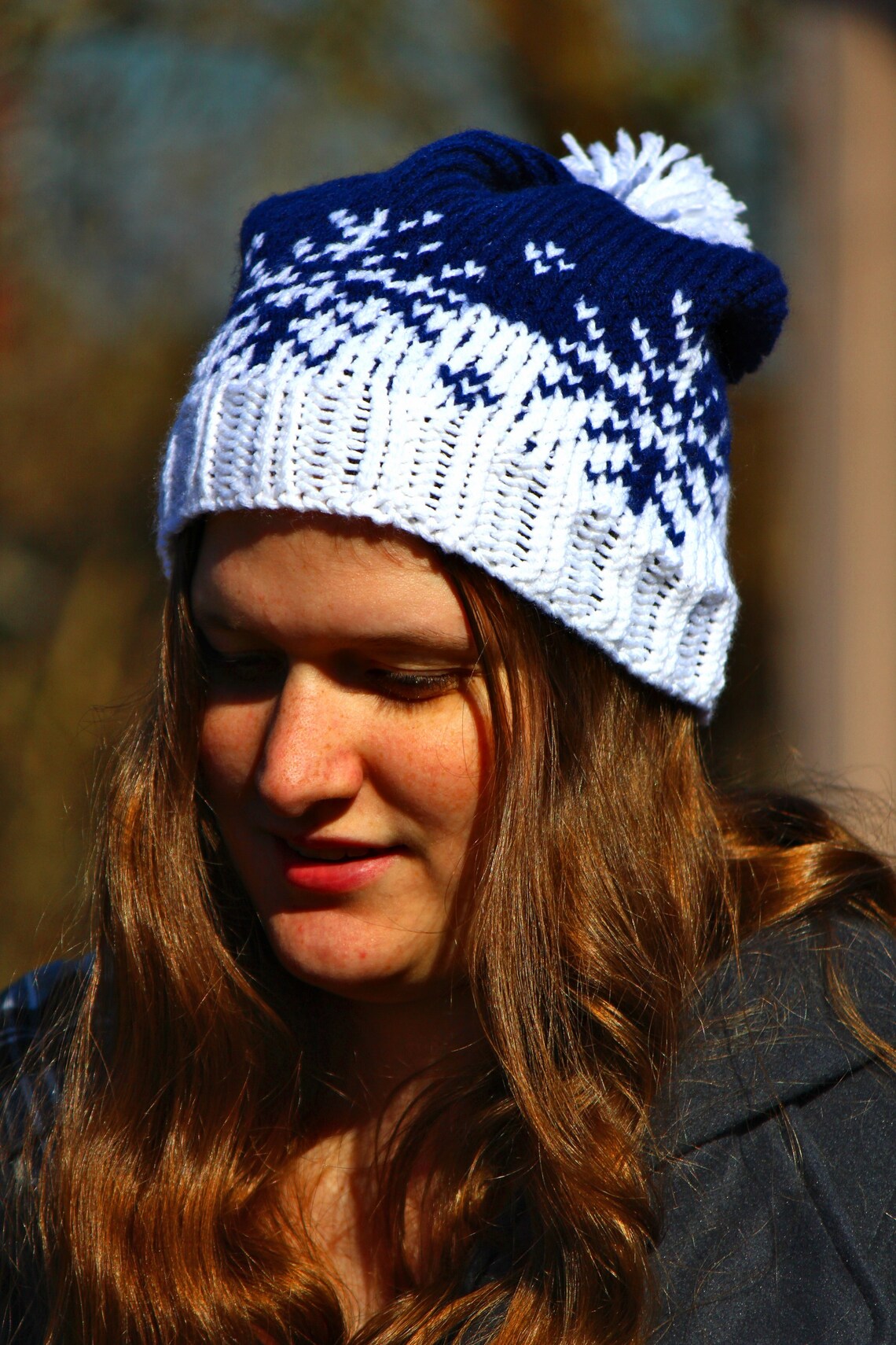 Slouch Winter Hat with Snowflakes and Pom-Pom | Etsy