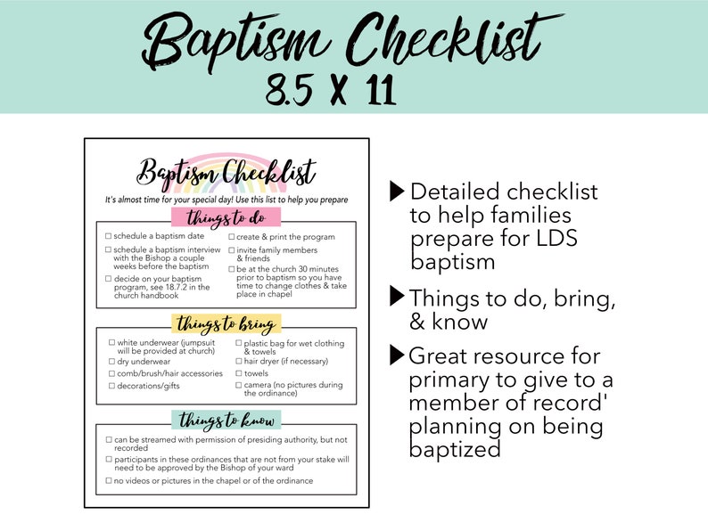 LDS Baptism Checklist, LDS Baptism, Digital Download, Baptism Organizer ...